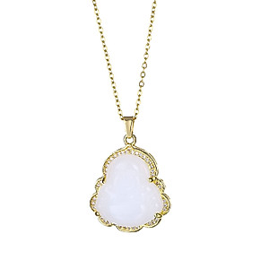 Laughing Buddha Pendant Necklace 18k Gold Plated Jade Smiling Buddha Chain Bling Necklace Dainty Gemstone Lucky Amule Amulet Jewelry for Women Men-B White
