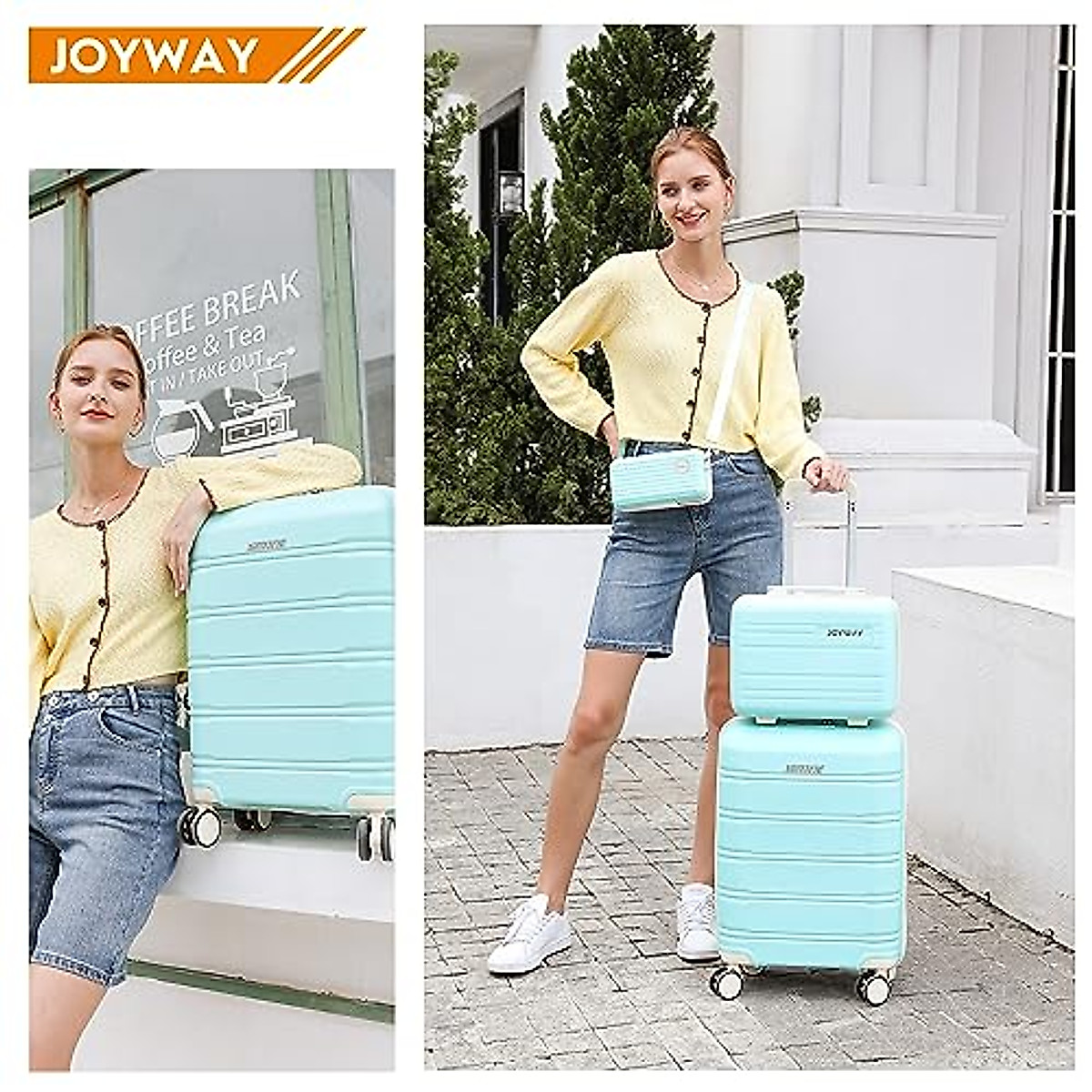Joyway Luggage Carry-On Suitcases 20" Lightweight Polypropylene Carrying Case with TSA Lock,Rigid Luggage with Swivel Wheels,14" Cosmetic Bag & 7" Small Bag