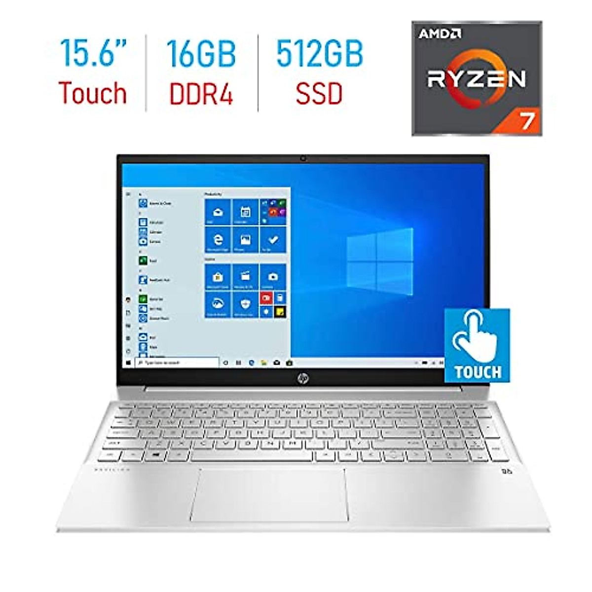 HP Pavilion 15.6' FHD IPS Touchscreen Laptop PC | 8-Core AMD Ryzen 7 5700U | Backlit Keyboard | Webcam| B&O Audio| Bluetooth | W10H | Mazepoly Accessories (16GB RAM 512GB SSD), Silver