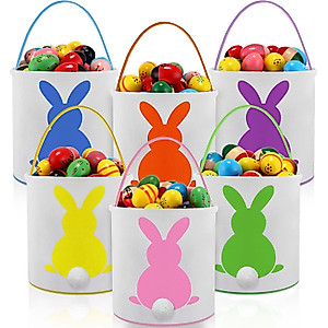 Honeydak 6 Pcs Canvas Easter Bunny Baskets for Kids Easter Basket Bulk Canvas Tote Bunny Basket Egg Hunt Bags Printed Fluffy Tails Carry Bucket Cloth Tote Easter Gift Bags Party Decorations Favors