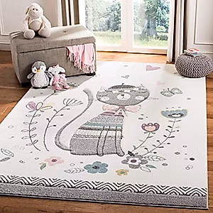 SAFAVIEH Carousel Kids Collection Accent Rug - 4' x 6', Ivory & Pink, Cat Design, Non-Shedding & Easy Care, Ideal for High Traffic Areas for Boys & Girls in Playroom, Nursery, Bedroom (CRK187A)