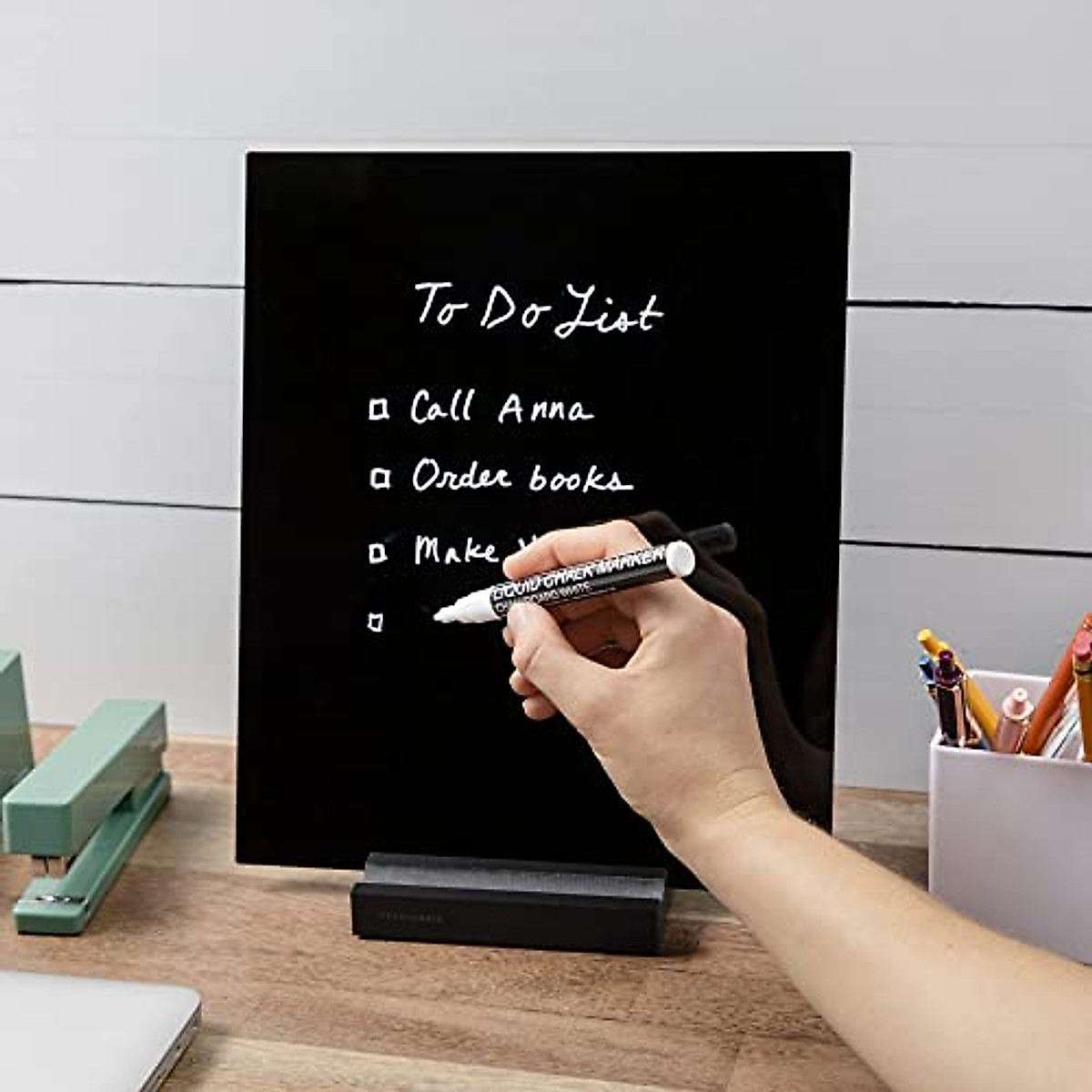 FRESH LOGIC Black Acrylic Dry Erase Board with Stand - 10"x12" Desk Whiteboard with Marker - Black Board Chalk Board to Do List Small White Board Erasable - Blackboard for Home Office School