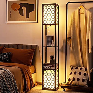 Tangkula Modern Shelf Floor Lamp, Freestanding Double Lamp w/ 2-Tier Wood Shelf & White Lampshade, E26 Bulb Base, Pull Chain & Foot Switch, Display Floor Light for Living Room Bedroom Office
