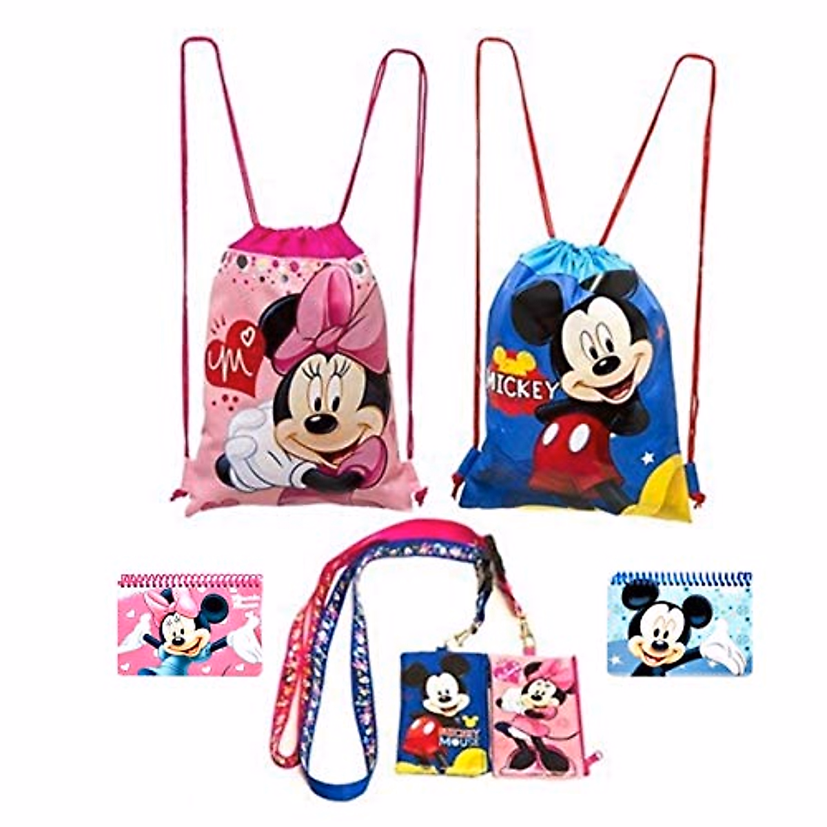Disney Mickey and Minnie Mouse Drawstring Backpacks Plus Lanyards with Detachable Coin Purse and Autograph Books (Set of 6) (Pink Blue)
