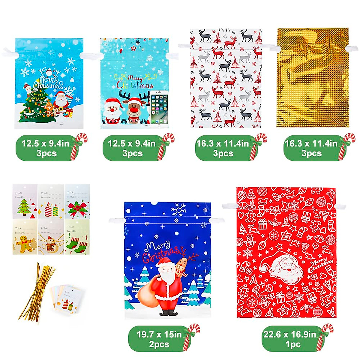HRX Package Holiday Gift Wrapping Bags Drawstring, 15pcs Christmas Foil Sacks Pouches with Gift Tag for Xmas Presents Party Favor