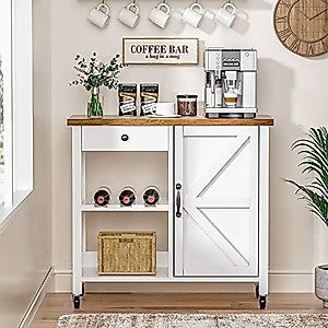 4 EVER WINNER Kitchen Island Cart on Wheel with Storage, 31" Farmhouse Island Table with Storage Drawer & Cabinet, Adjustable Shelf, Wine Rack,Rolling Small White Kitchen Coffee Cart for Dining Room