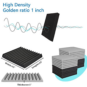 FOUCARSI 24 Pack Acoustic Foam Panels,Studio Soundproofing Foam, 1" X 12" X 12", Studio Foam Wedges,Sound Proof Padding (Black+Grey)