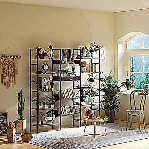 Industrial Style Wood Bookshelf, Triple 5 Tiers Bookshelf with Metal Frame, Rustic Book Shelves Display Shelf for Home Office, Etagere Large Open Bookshelf for Bedroom Living Room, Vintage Brown