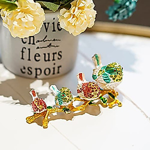 YU FENG Hand Painted Enamel Four Birds Trinket Box Hinged Jewelry Organizer with Crystals Ring Earrings Storage Colorful Animals Figurine Collectibles Home Decor Art