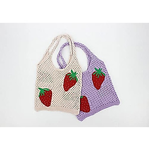 Women Y2K Crochet Tote Bag Hobo Aesthetic Bag Trendy Strawberry Knitted Shoulder Bags Mesh Hollow Tote Bag (Apricot)