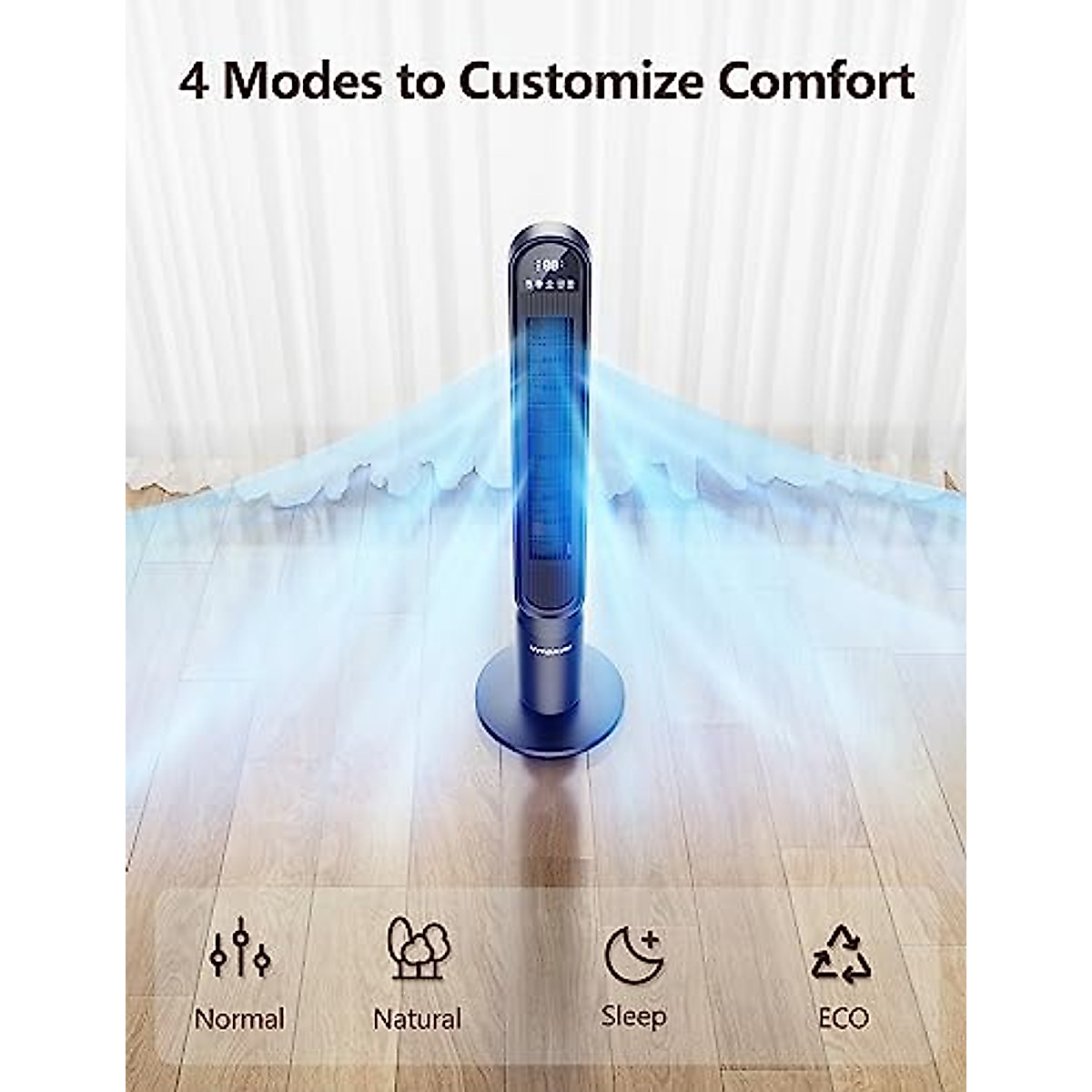 VAGKRI Tower Fan 42" Oscillating Tower Fan with 3 Modes, 4 Wind Speeds, 12H Timers, 90°Oscillation & 135° Vertical, Standing Fans for Home Bedroom Living Room Office, Powerful Floor Fan with Remote