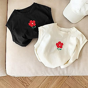 Toddler Baby Boy Letter Tank Top Sleeveless T-Shirt Ruffle Cap Sleeve Round Neck Cute Solid T Shirt Spring Summer Outfit Black