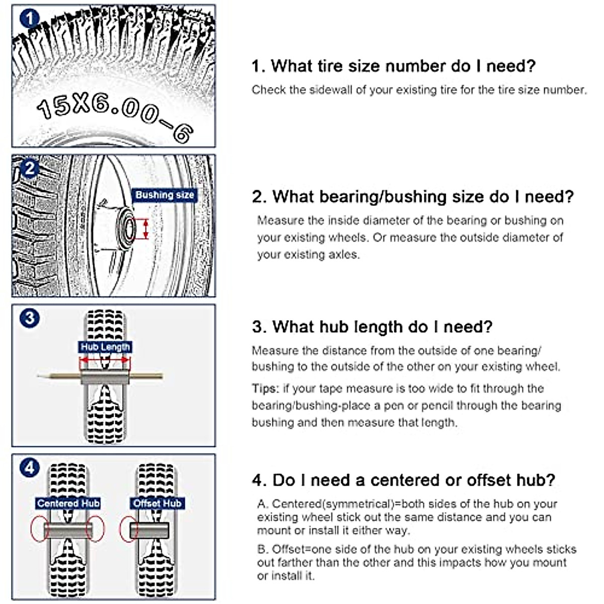 MaxAuto 2 Pcs Lawn Mower Tires 15x6.00-6 with Wheel for Riding Mowers, 3" Offset Hub Long with 3/4" bearings, Pneumatic Tire