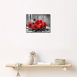 YMYXMC33 Red Rose Flower Picture Decor Wall Art Canvas Print Black and White Poster Country Love Decoration Bedroom Kitchen Bathroom12x15