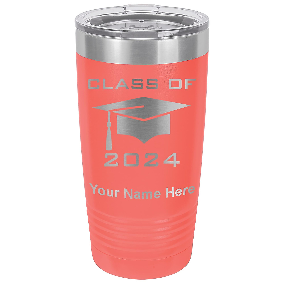 LaserGram 20oz Vacuum Insulated Tumbler Mug, Grad Cap Class of 2023, 2024, 2025, 2026, 2027, Personalized Engraving Included (Coral)
