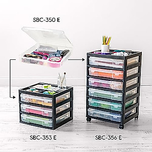 IRIS USA Fits 12" x 12" Paper, 3-Tier Scrapbook Storage Unit with Organizer Top, for Lego Papers Tools Office Art and Craft Supplies, Desktop Organizer, Built in Handle, Black/Clear