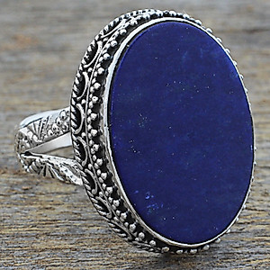 NOVICA Artisan Handmade Lapis Lazuli Cocktail Ring Blue Oval India Sterling Silver Riverside Birthstone [1 in L x 0.8 in W x 0.2 in H] ' Pool of Memories'