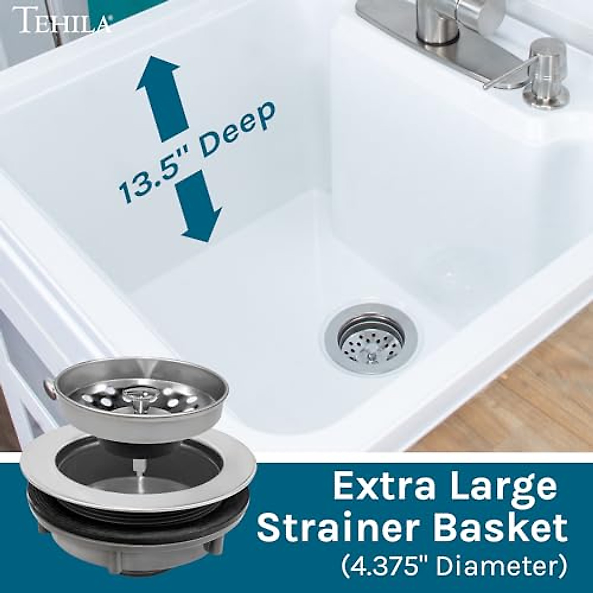 White Utility Sink in White Vanity, Stainless Steel Pull-Down Sprayer Faucet, Soap Dispenser and Spacious Cabinet by JS Jackson Supplies for Garage, Basement, Shop and Laundry Room