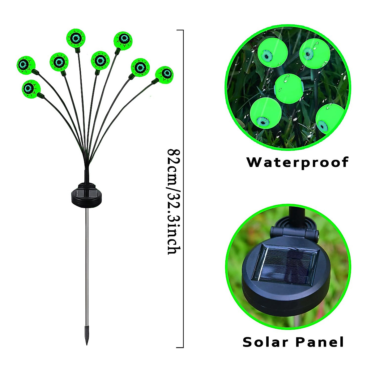 Halloween Solar Light Outdoor Decorations,2 Pack Solar Lights with 16 Treat Eyeballs,Swaying Firefly Light for Halloween Outside Patio Path Yard Decor (Green)