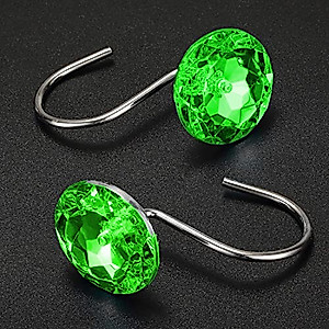 CHICTIE Green Shower Curtain Hooks Rings Diamond, Crystal Decorative Shower Curtain Hooks, Set of 12 Stainless Steel Rust-Proof Round Rhinestones Shower Rings Hangers for Bathroom