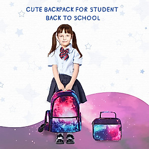 E-Clover Backpack for Girls Kids Galaxy Backpacks Purple Space Bookbags School Bag with Galaxy Lunch Box Set Valentines Day Gifts