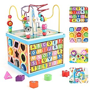 Qilay Wooden Activity Cube for Toddlers 1-3, 5 in 1 Multipurpose ABC-123 Abacus Early Educational Montessori Toys, Learning Toys for 1 2 3 Year Old | Bead Maze, Great for Boys Girls Toddlers
