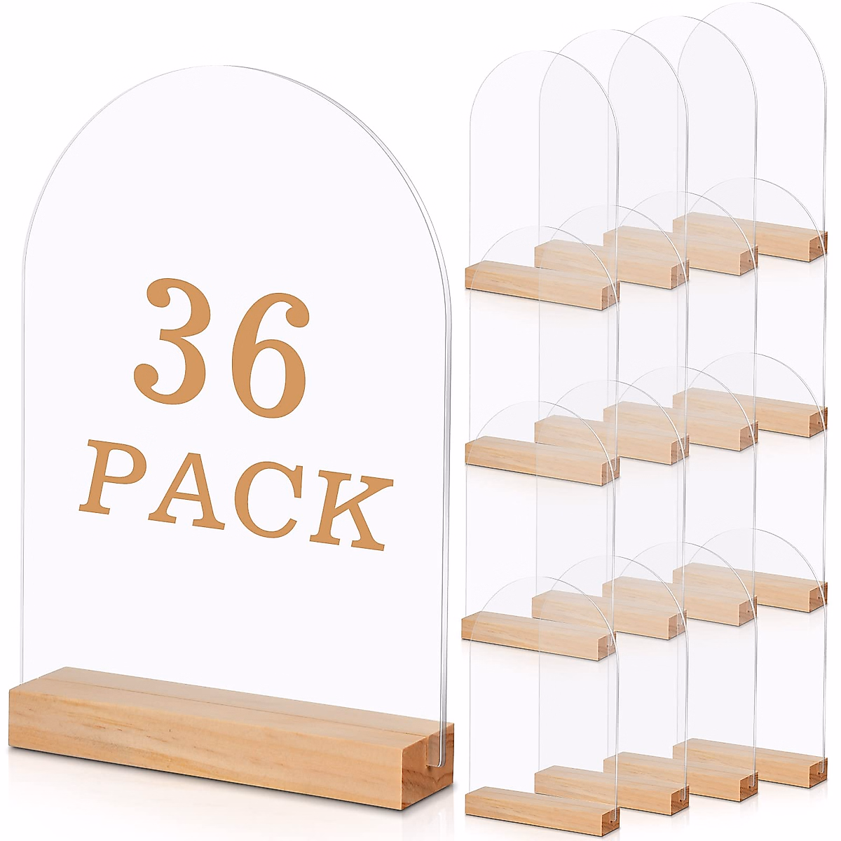 36 Packs 5 x 7 Inch Arch Acrylic Signs with Stand Clear Acrylic Sheets with Pine Wood Sign Holders Round Top Blank Acrylic Table Signs with Base for Wedding Party Events DIY Crafts Decorations