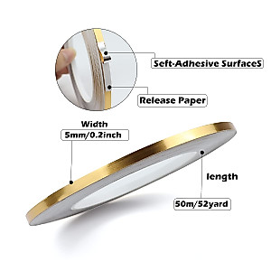 MCZLOG Gold Duct Tape, Metallic Mylar Film Tape, 1/5 Inch X 164 Ft. Vinyl Pinstripe Tape for Detailing Accent Wall, Wardrobe, Bathroom, Floor, Tile, Car, Graphic Arts - Stripe Stickers Decals