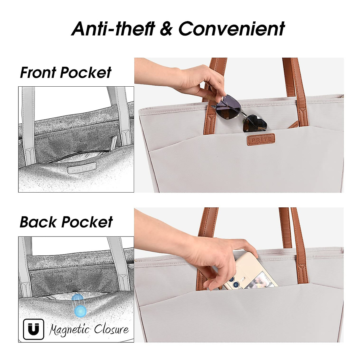 Prite Laptop Tote Bag for Women Shoulder Bag with 16” Computer Compartment for Work Travel(Beige)