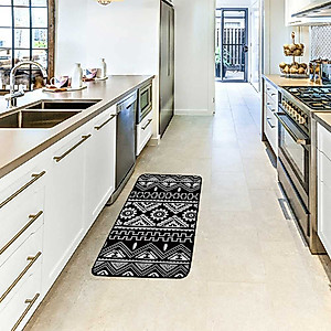 Kitchen Rug Mat Black Ethnic Boho Style Non-Slip Absorbent Runner Rug for Kitchen Floor, Entryway, Hallway and Dining Room, Machine Washable Carpet