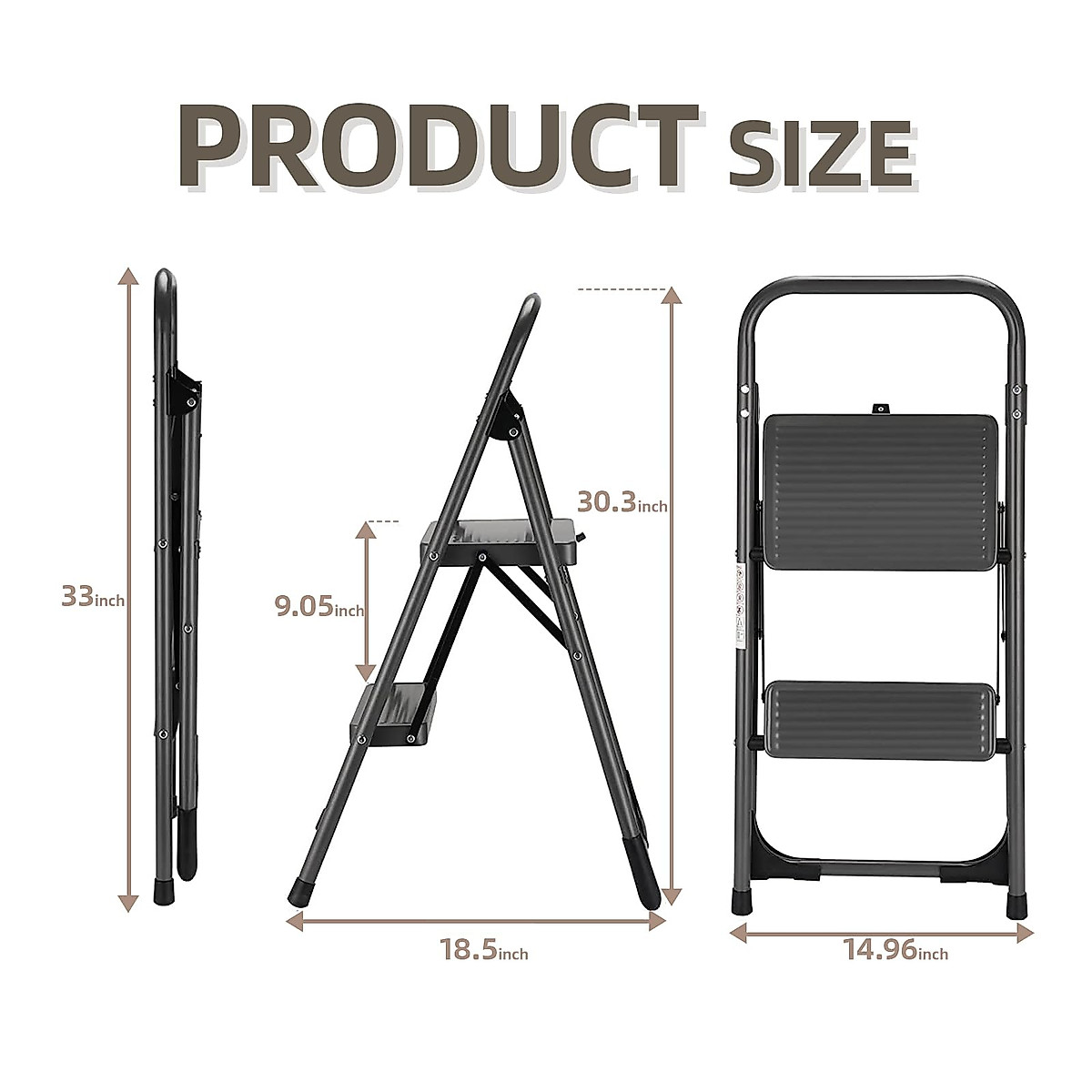 Step Ladder Folding 2 Step Stool Adult with Wide & Anti-Slip Pedals Ergonomic Portable Steel Ladder for Household, Kitchen, Office 330LBS (Gray, 2 Step)