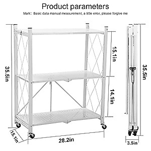 nisboigr 3 Tier Storage Shelves,Folding Storage Shelf with Wheels,Heavy Duty Metal Shelf,Garage Storage Shelf,Metal Rack,White