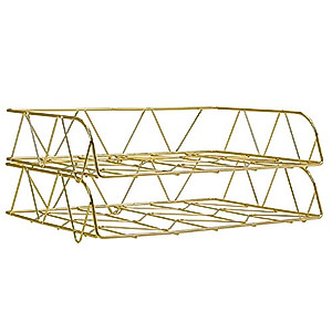 PAG 2 Packs Desktop File Organizer Metal Stackable Horizontal Letter Tray Paper Holder Rack, Gold