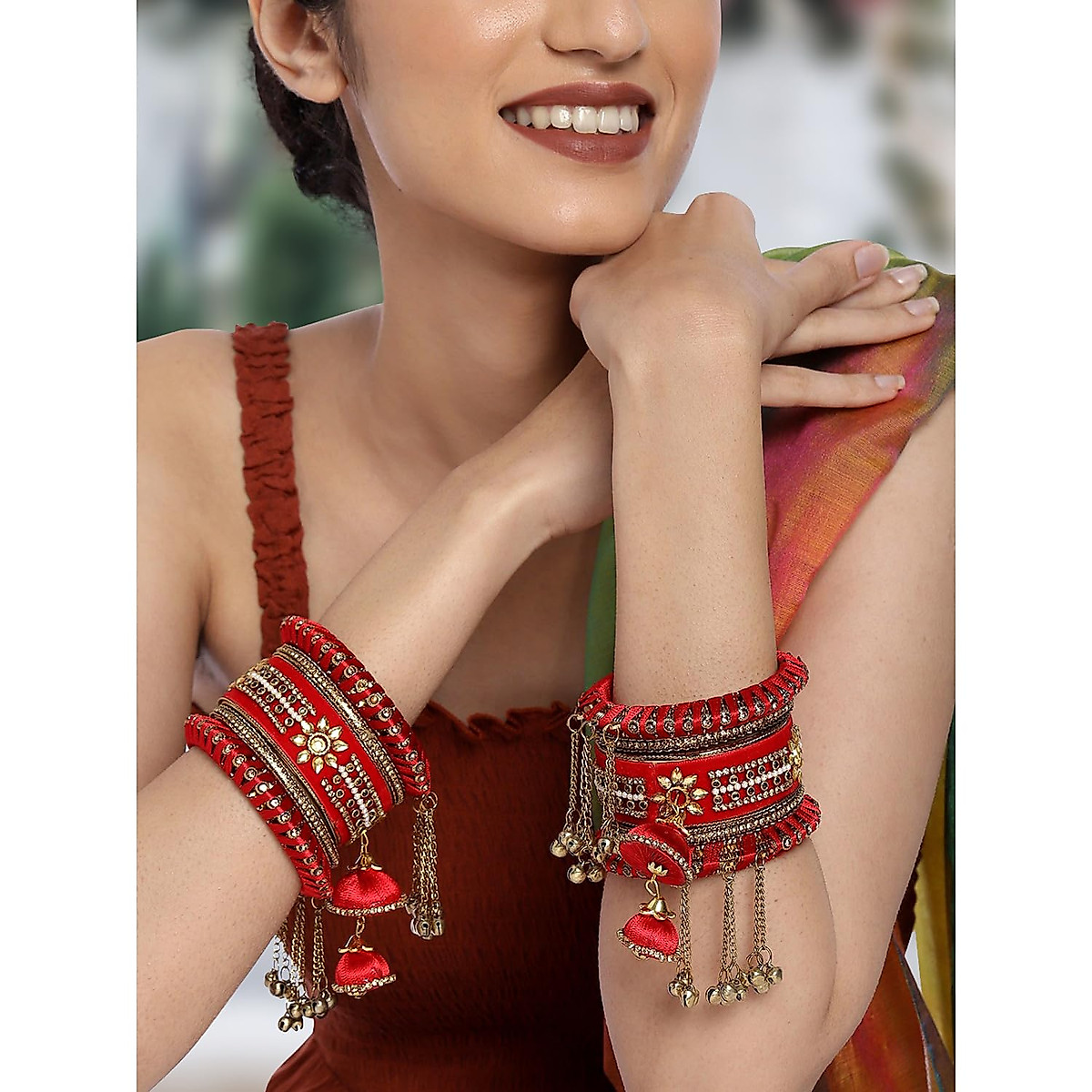 Aheli Wedding Party Designer Velvet Faux Stone Studded Bridal Bangle Set Chuda with Hangings Indian Traditional Ethnic Fashion Jewelry for Women(Red)
