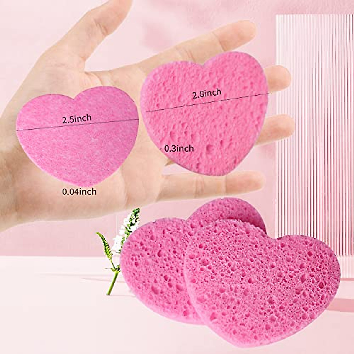 50-Count Facial Sponges Compressed Natural Cellulose Sponge Spunspon Heart Shape Face Sponge for Face Cleansing Exfoliating and Makeup Removal, Pink