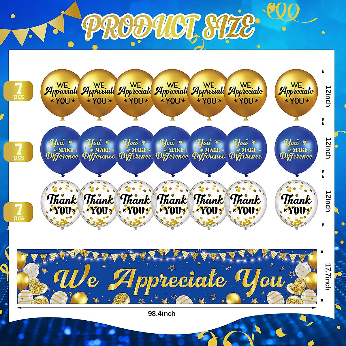 Gemscream Light up We Appreciate You Banner Decorations Thank You for All You Do Backdrop Banner Yard Sign with 21 Pcs Balloons Employee Staff Appreciation Gifts Teacher Party Supplies(Blue Gold)