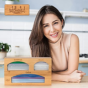 KitchenKit Bamboo Ziplock Bag Storage Organizer and Dispenser for Narrow Kitchen Drawer Suitable Gallon, Sandwich Snack Sizes, Plastic Baggies 3 Compartments Wooden Holder