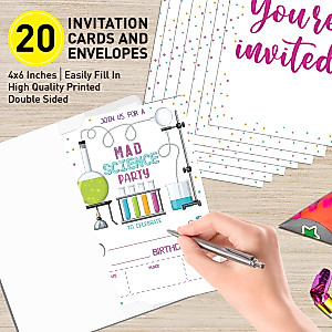 UDNADKEX Mad Science Birthday Invitations Girl with Envelopes, Invites for Girls Birthday Party Science, Science Birthday Party Invitations Cards, 4"x6" Set of 20, Mad Science Party