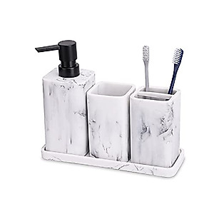 ZCCZ Bathroom Accessory Sets, 4 Pieces Bathroom Accessories Complete Set Vanity Countertop Accessory Set with Marble Look, Includes Lotion Dispenser Soap Pump, Tumbler, Toothbrush Holder and Tray