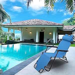 WEI WEI GLOBAL Folding Patio Lounge Chair, Portable Outdoor Reclining Chair, Pool Side Beach Lawn Chaise Chair with Pillow for Travel, Picnic and Camping, Blue