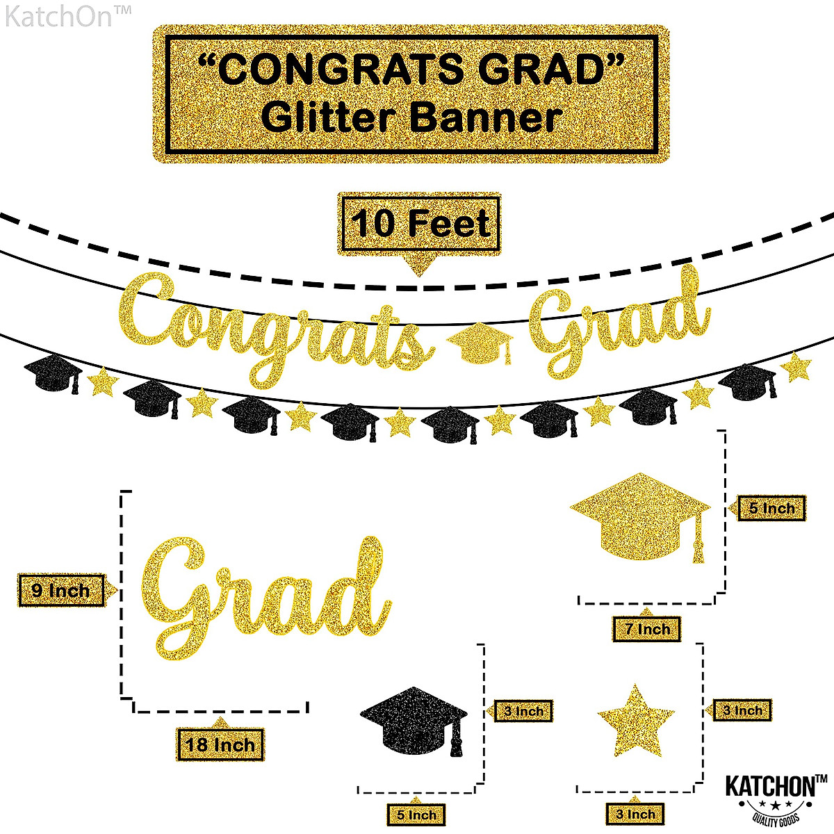 KatchOn, Glitter Gold and Black Congrats Grad Banner - 10 Feet | Gold and Black Graduation Banner, Cap Garland for Graduation Decorations Class of 2024 | Gold and Black Graduation Decorations 2024