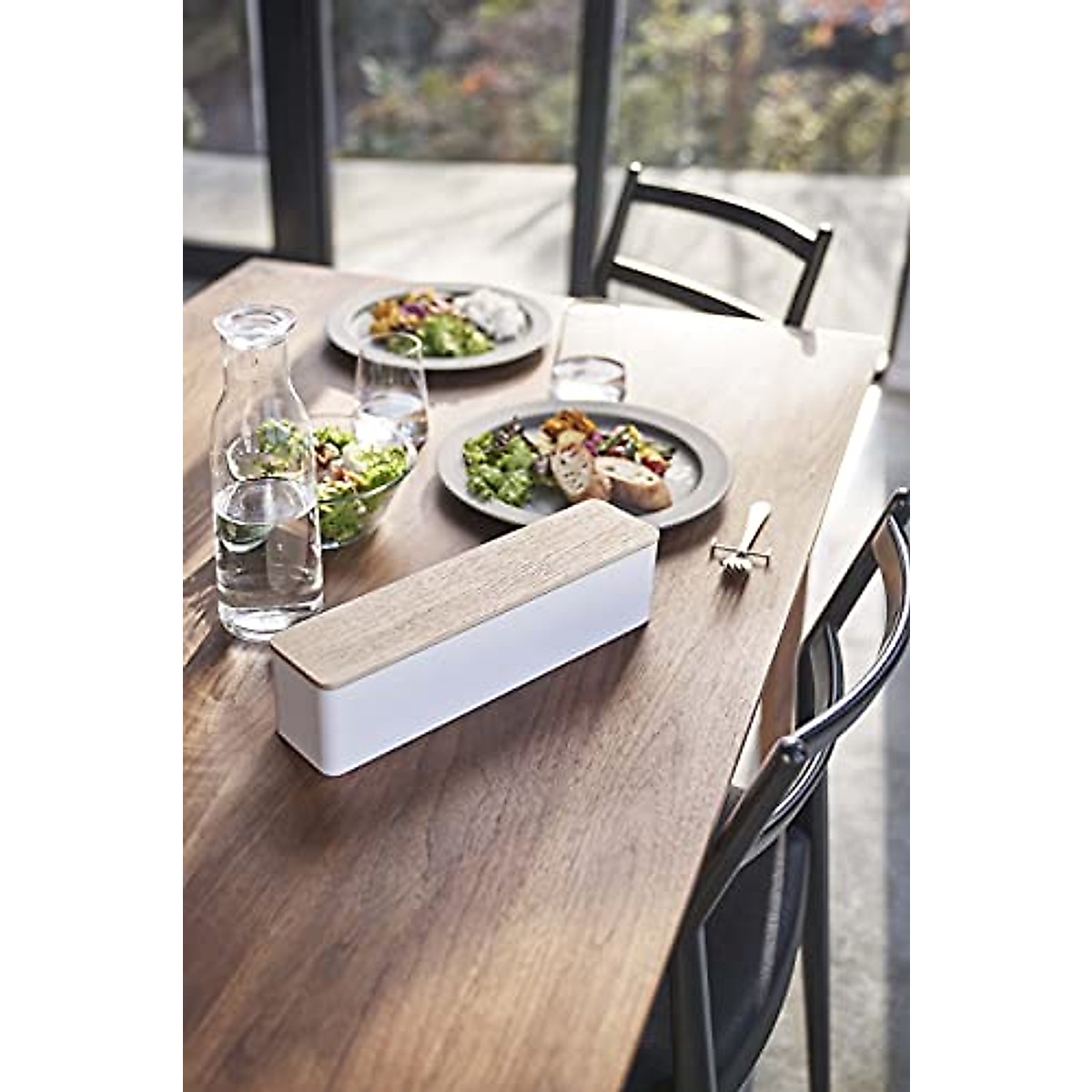 YAMAZAKI Home Rin Utensil Case Knife Fork Spoon Silverware Cutlery Holder With Divider, Portable For Kitchen Counter Or Table - Plastic + Wood