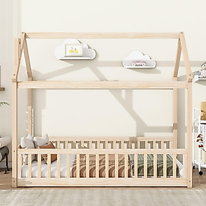 MERITLINE Twin Size Floor Bed for Kids, Wooden Twin Montessori Floor Bed Frame with Rails and Slats, Twin House Bed for Kids, Girls & Boys, Natural