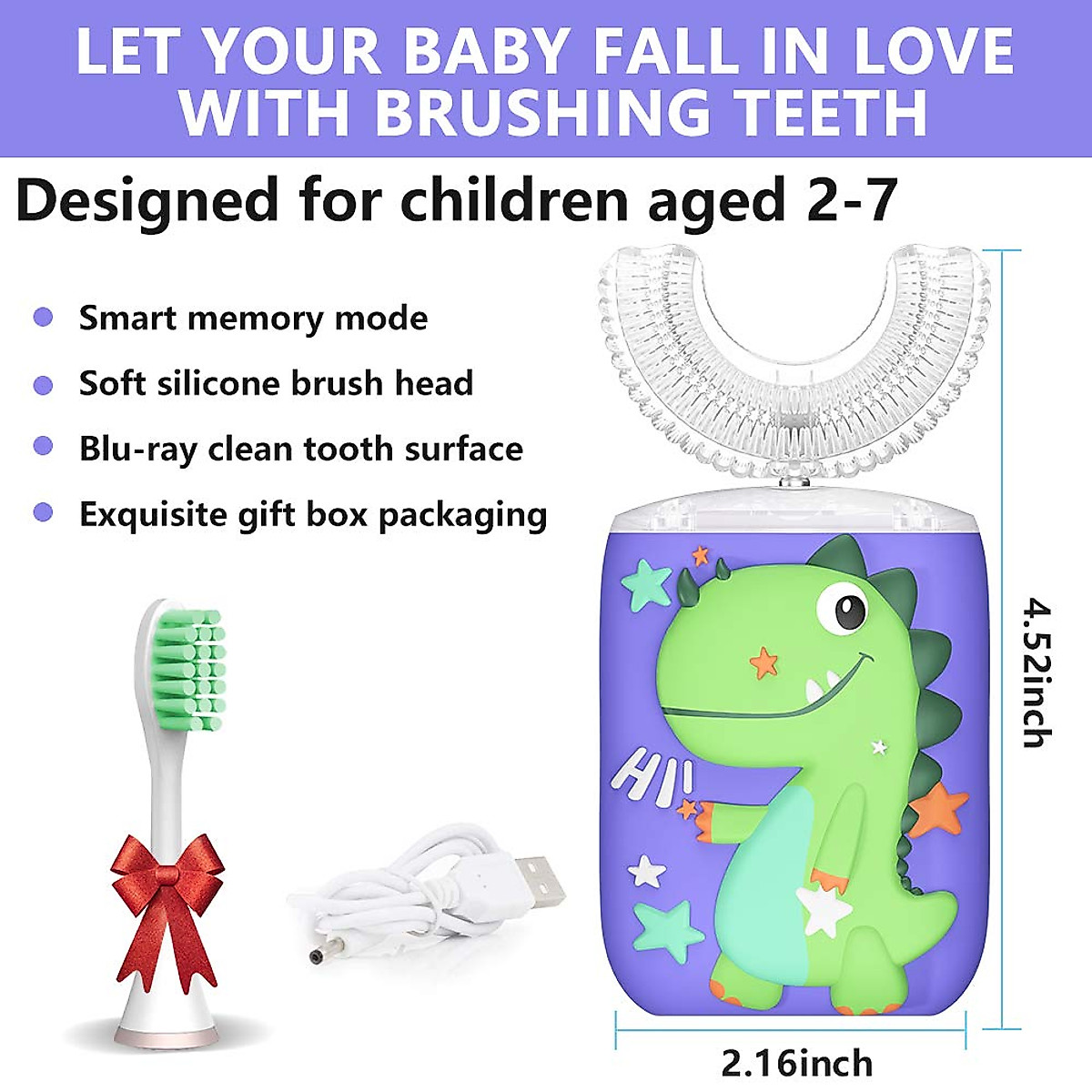 Kids Electric Toothbrushes Dinosaur U Shaped Rechargeable Ultrasonic Automatic Toothbrush for Toddler with Replacement Brush Heads 6 Cleaning Modes IPX7 Waterproof 360° Oral Care 45S Timer (Age 2-7)