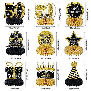 50th Birthday Decorations, Table Honeycomb Centerpiece, 50 Year Old Man and Woman Party Decorations Supplies, Honeycomb Decorations for for Man Women, Black and Gold Birthday Ornaments-9 Pieces