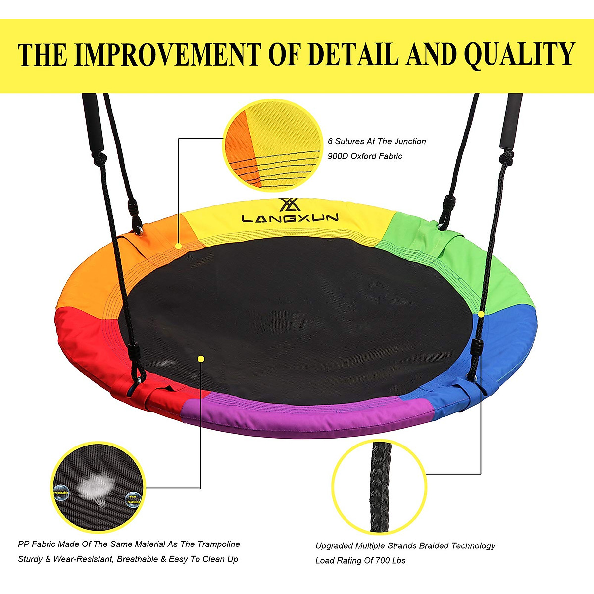 LANGXUN 40 Inch Rainbow Saucer Tree Swing for Kids and Adults, with Carabiners and Flags, 700 lb Weight Capacity, Steel Frame, Waterproof, Outdoor Swing Sets for Backyard