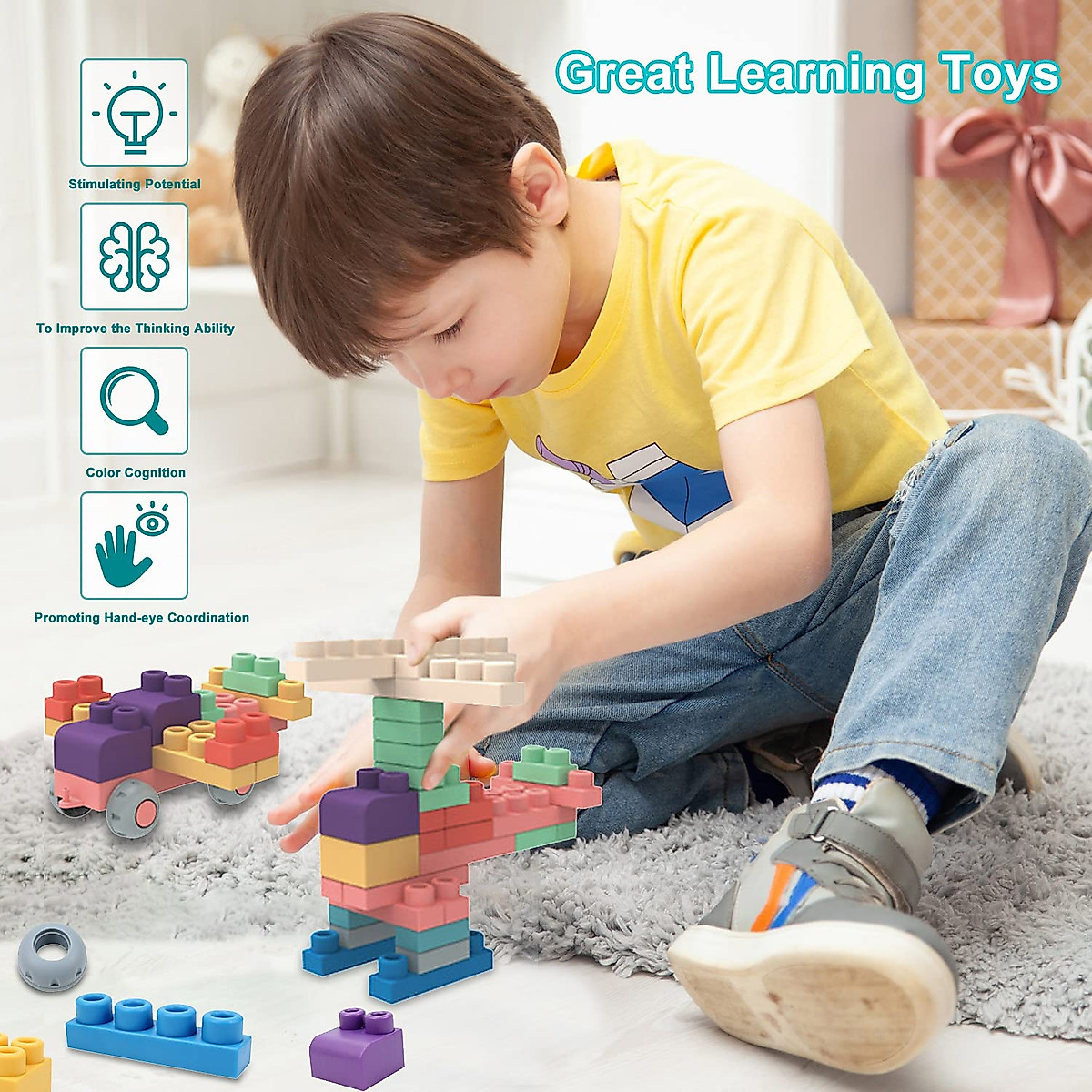 BLUECEDAR Newest Soft Building Blocks Set for Toddler,Baby Ages 6 Month Old and Up,Safe Playing,Learning Stacking Block Toys,Non Wooden Gift for Kid Girl/Boys,20Pieces