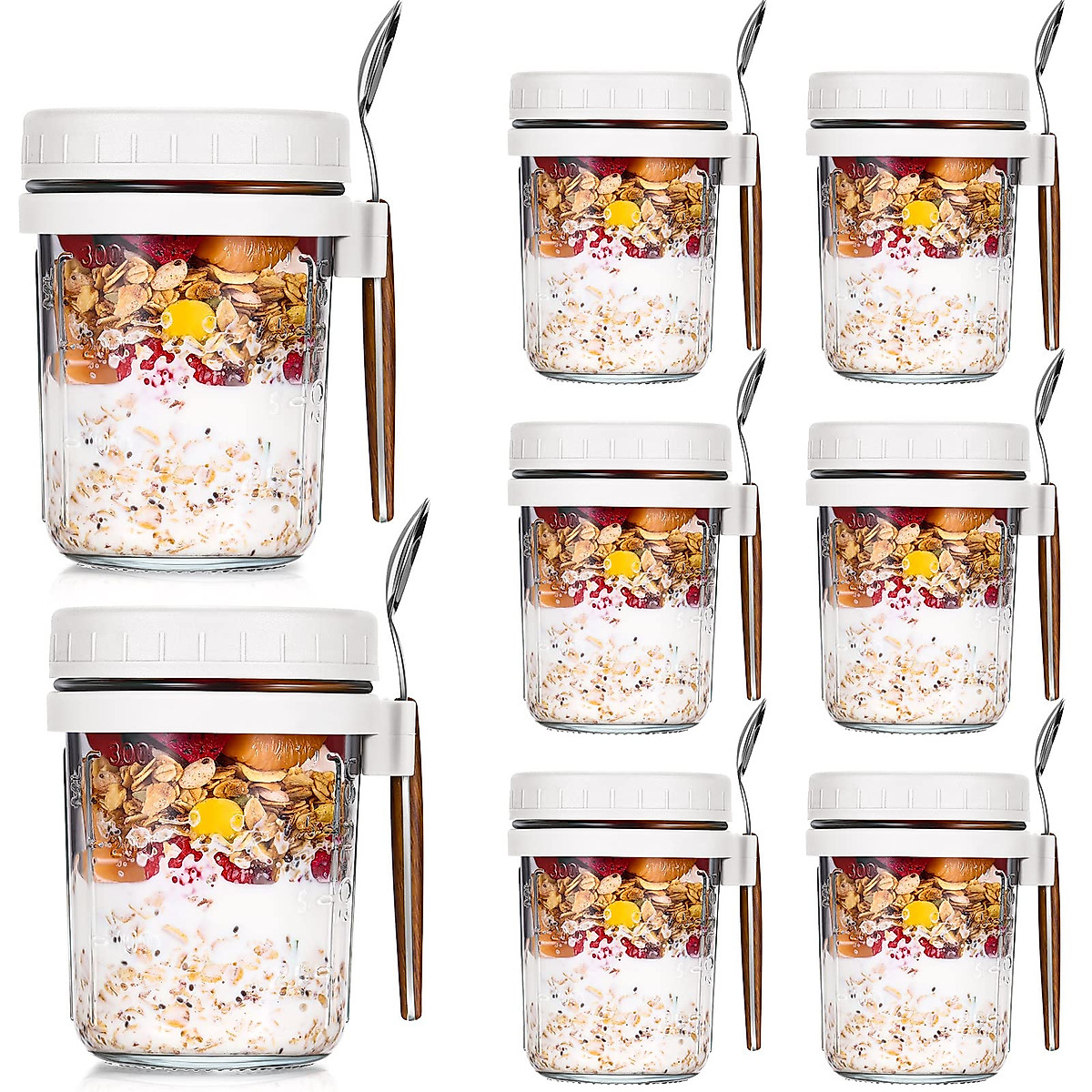 8 Pcs 10 oz Overnight Oats Containers with Lids and Spoons Large Capacity Airtight Oatmeal Overnight Oat Jars with Measurement Marks Oatmeal Container for Milk Cereal Fruit (White)
