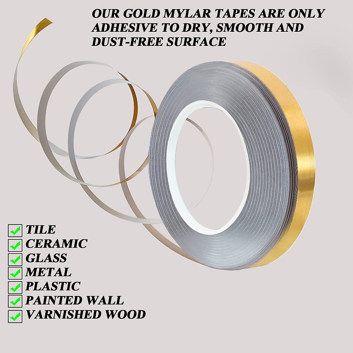 Gold Metalized Polyester Mylar Film Tape with Acrylic Adhesive, Vibrant Mirror-Like Finish, Gold Decor Tape for Detailing Accent Wall, Graphic Arts, Other DIY Project Design (0.4 inch x 55 yds)