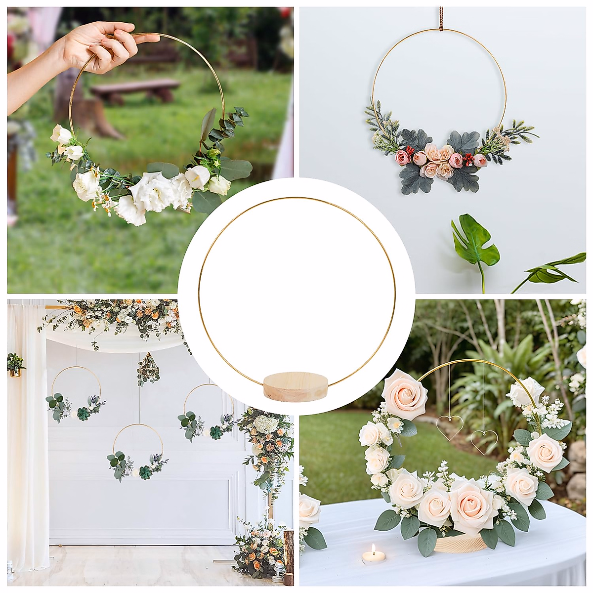 GUDELAK 12 Set 12 Inch Floral Hoop Centerpiece Table Decorations with 2 Heart Shaped Acrylic, Gold Wedding Centerpieces with Wood Round Base for DIY Wedding Decor Wall Hanging Crafts